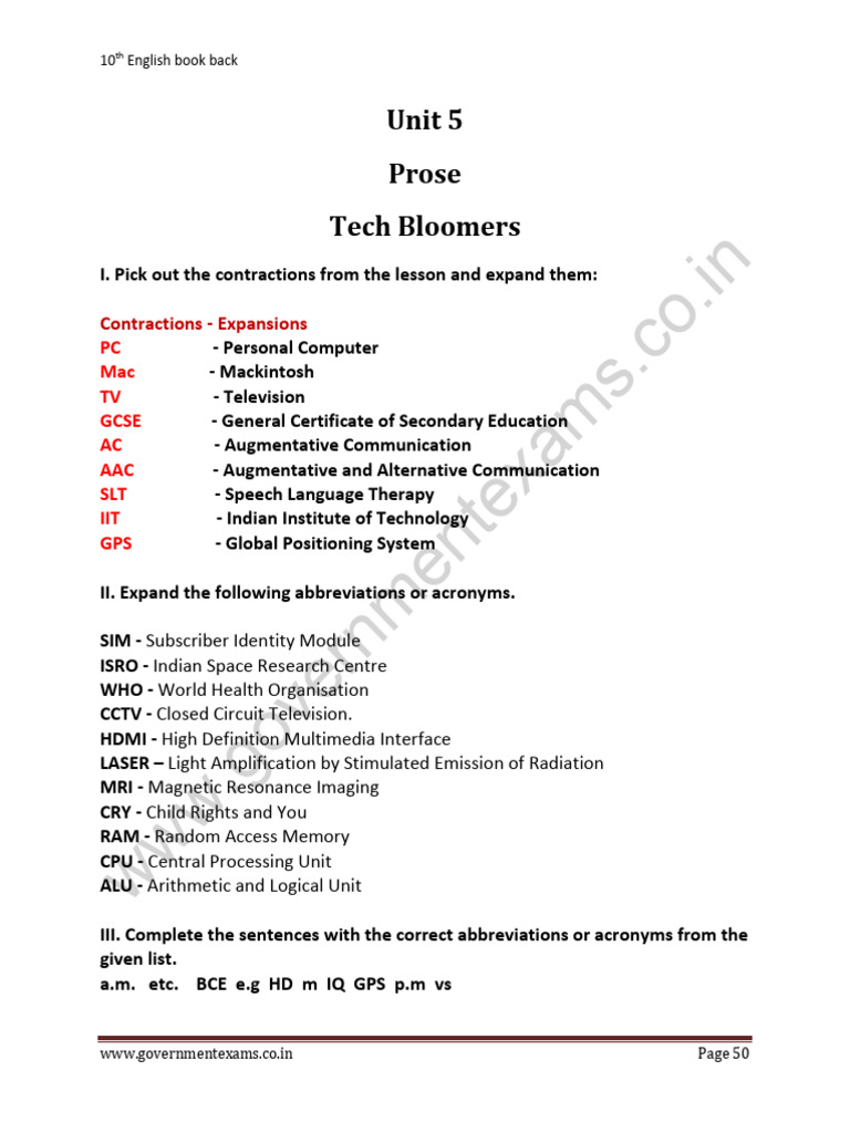 Class 10th - STD - English - Unit 5 - Book Back - WWW - Governmentexams.co - in | PDF