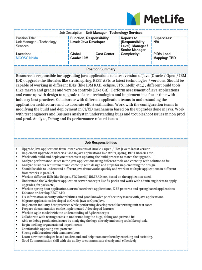 Java Developer Unit Manager Role | PDF | Java (Programming Language ...