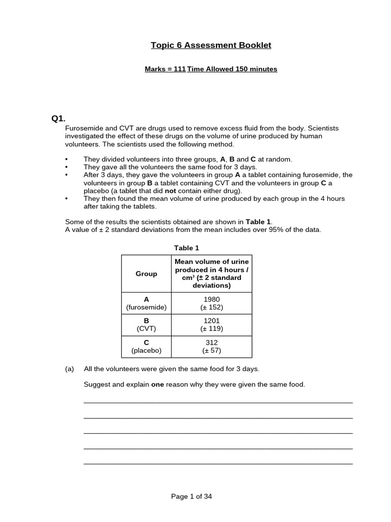 Topic 6 Assessment Booklet | PDF | Chemical Synapse | Creatinine