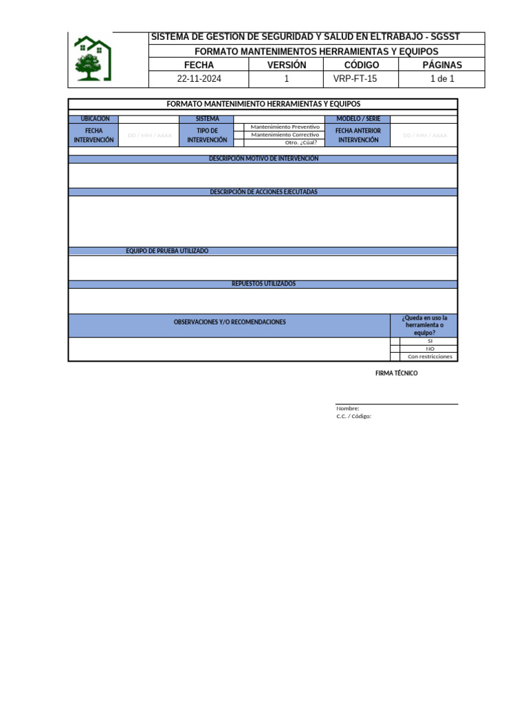 VRP -FT- 15 FORMATO MANTENIMIENTO HERRAMIENTAS Y EQUIPOS | PDF