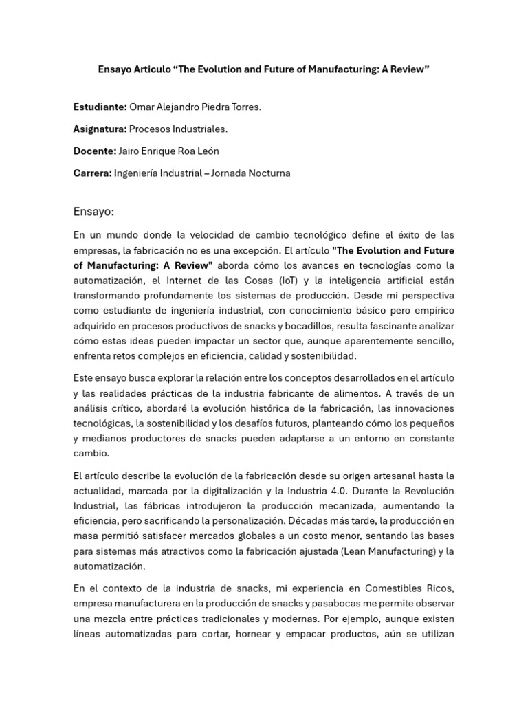 Ensayo Procesos Industriales - Omar Alejandro Piedra | PDF ...