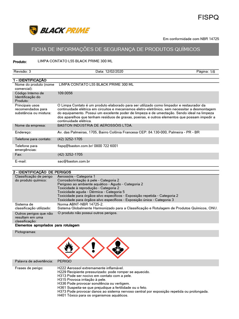 FISPQ Limpa Contato L55 Black Prime | PDF | Química | Combustão