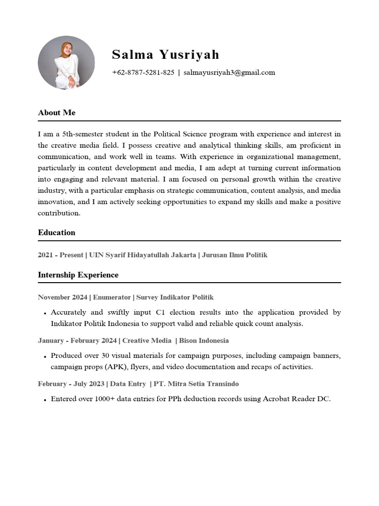 CV SALMA YUSRIYAH 2024 (1) | PDF | Human Communication | Communication