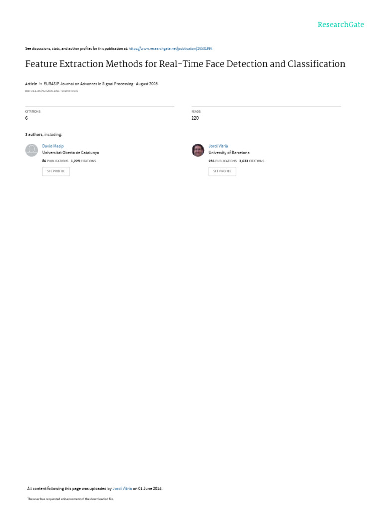 Feature Extraction Methods For Real Time Face Detection And Classification Pdf Statistical