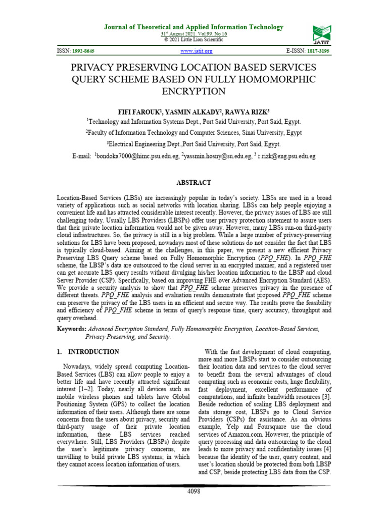 Privacy Preserving Location Based Services Query Scheme Based On Fully Homomorphic Encryption ...