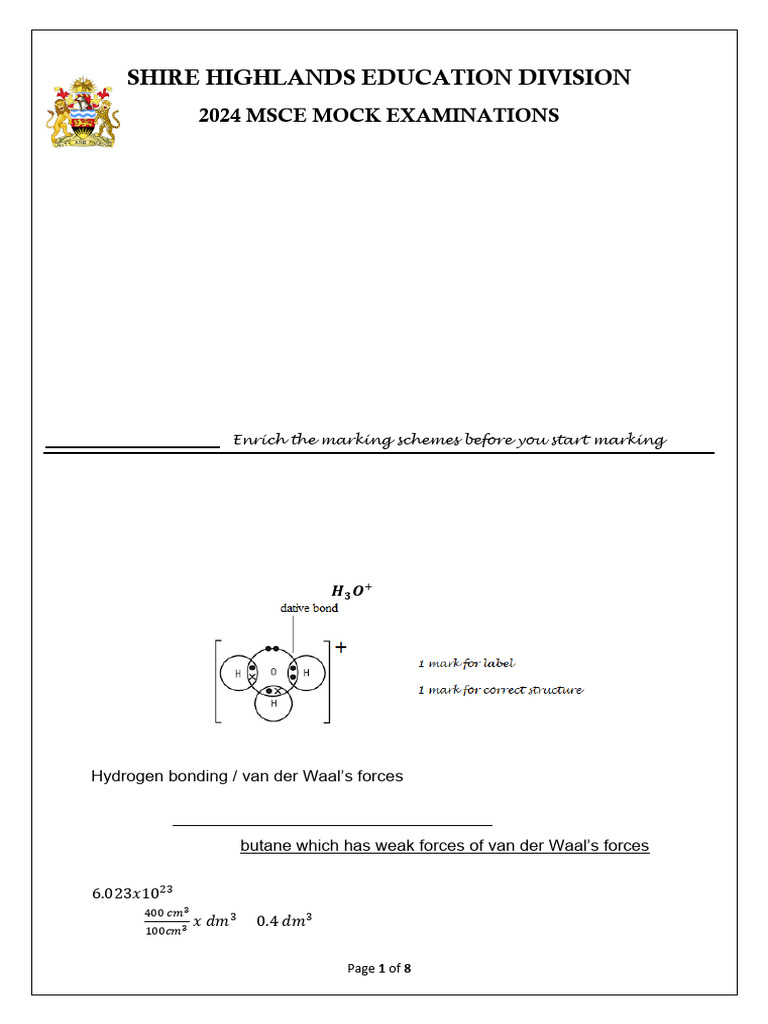 2024 Shed Mock Chemistry Pi Marking Scheme | PDF | Chemical Reactions ...