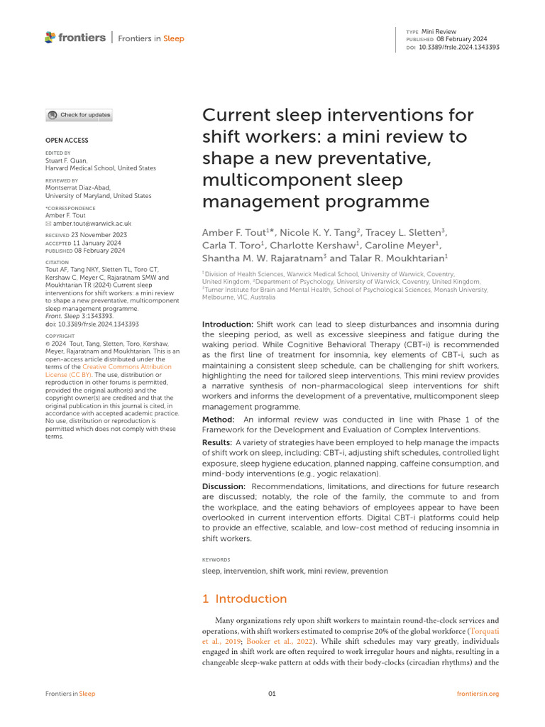 Current Sleep Interventions For Shift Workers A Mi | PDF | Shift Work | Sleep