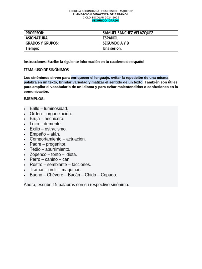 Actividad Español. Sinónimos. Antónimos | PDF