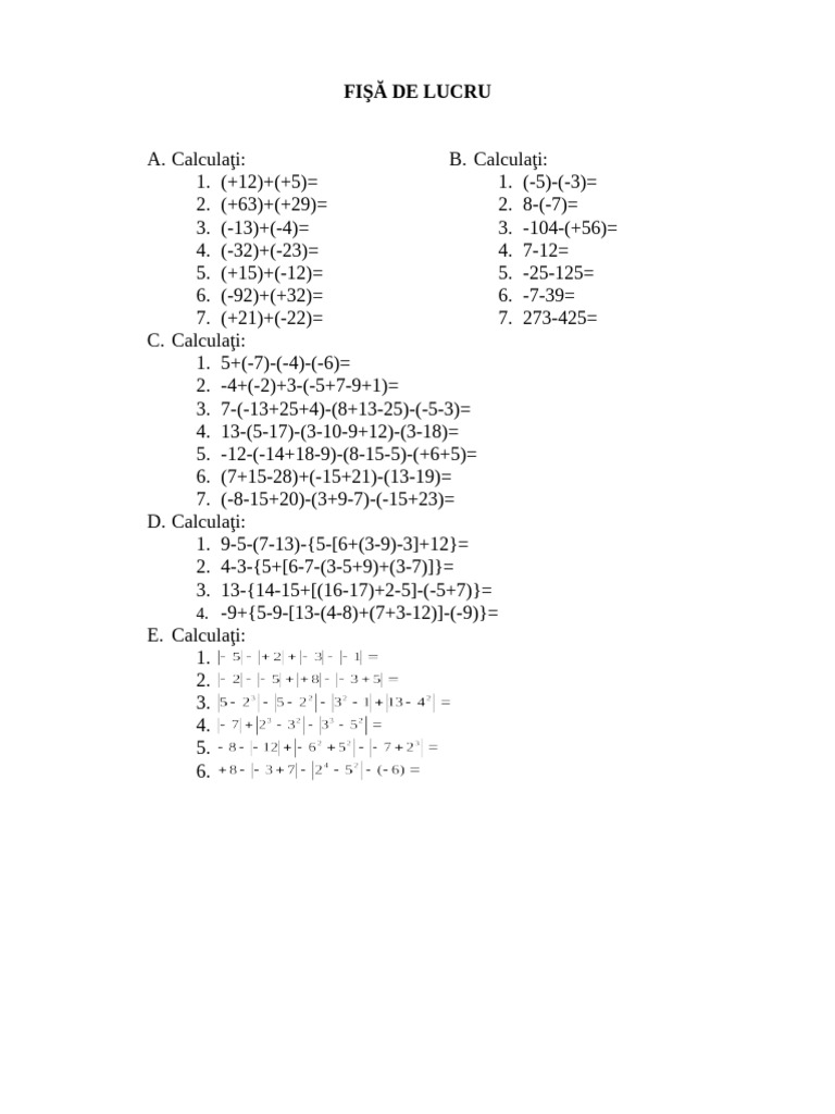 Operatii Cu Numere Intregi Fisa de Lucru | PDF