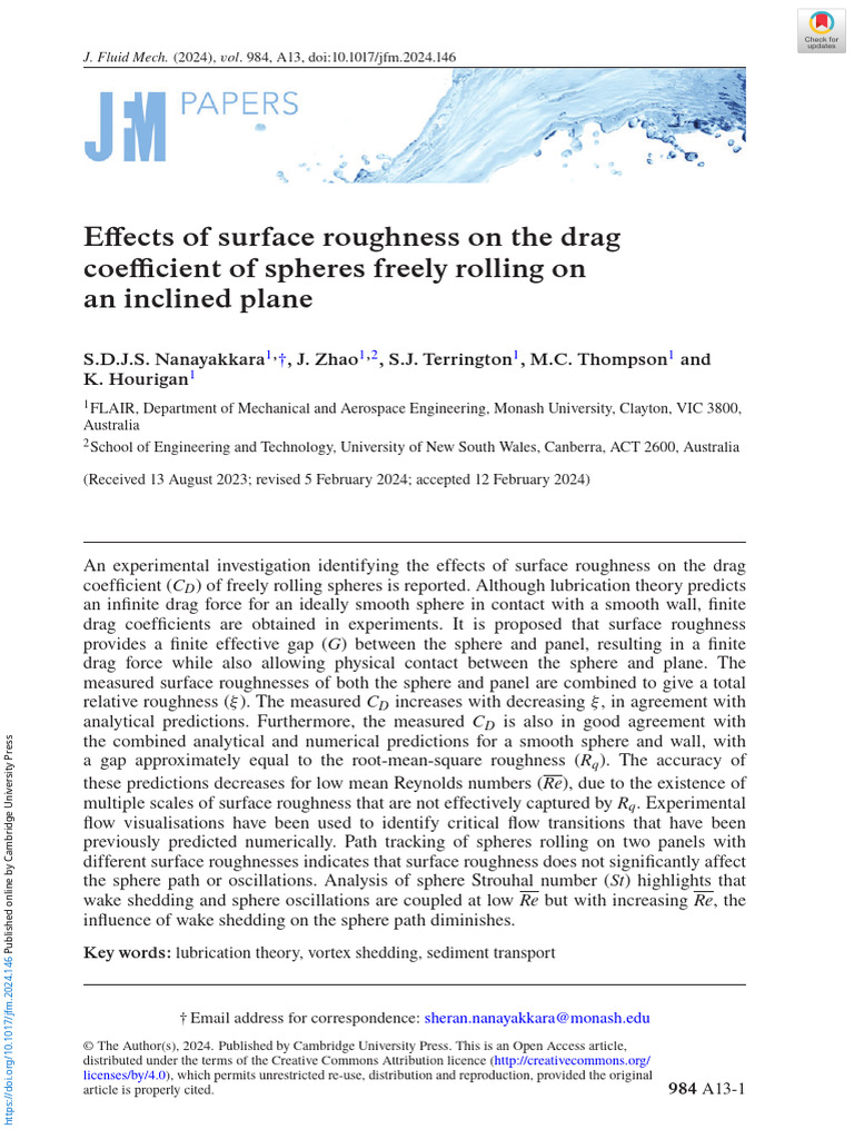 Effects of Surface Roughness On The Drag Coefficient of Spheres Freely Rolling On An Inclined ...