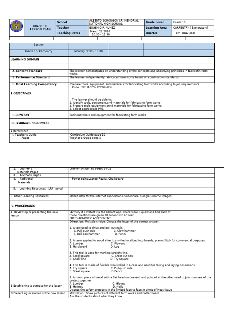 Lesson - Plan - in - Carpentry 10 | PDF | Electrical Wiring
