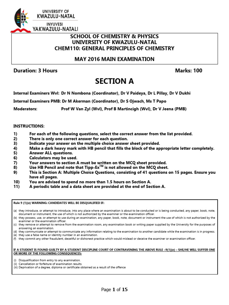 Chem110 May 2016 Exam MCQs Guide | PDF | Chemistry | Physical Sciences