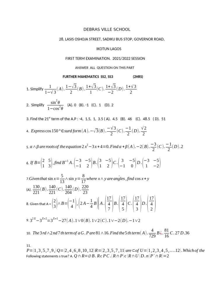 Further Mathematics ss2 ss3 | PDF | Mathematics