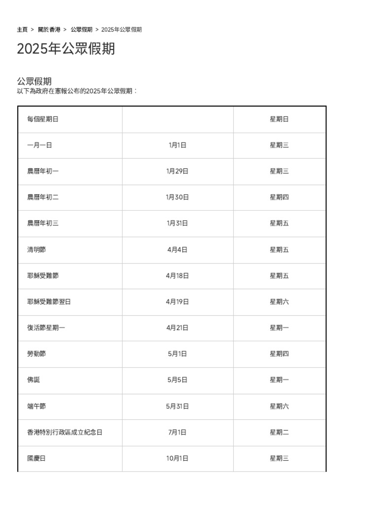 GovHK：2025年公眾假期 | PDF