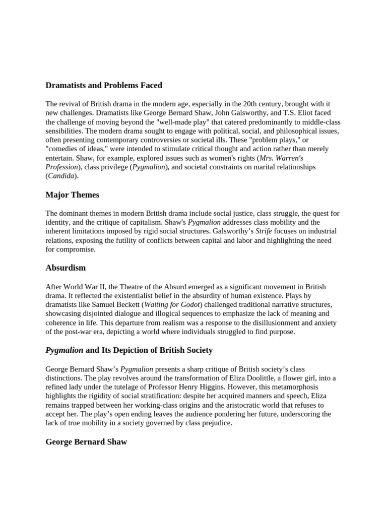Dramatists and Problems Faced | PDF | Pygmalion (Play) | George Bernard ...