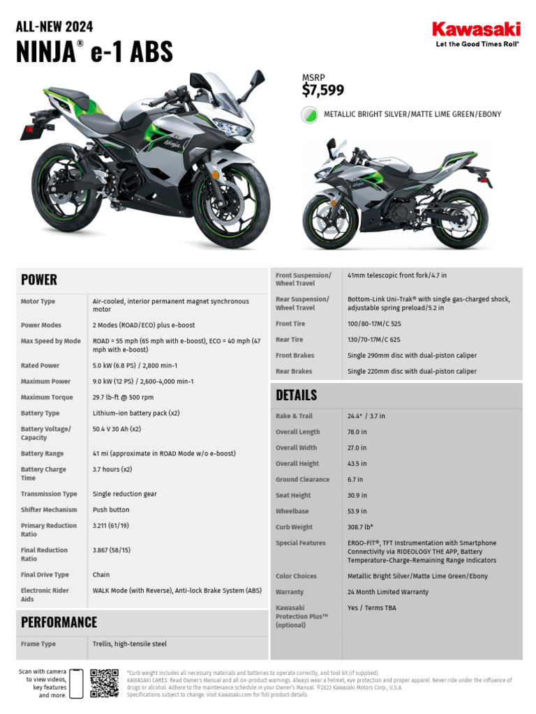 2024 Ninja e 1 Abs en Us Spec Sheet | PDF | Anti Lock Braking System | Manual Transmission