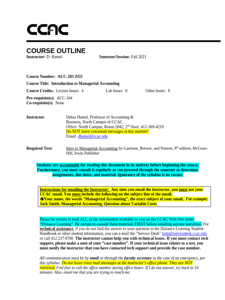 ACC 203 ZO2 Course Syllabus - Fall '21 | PDF | Academic Dishonesty | Plagiarism