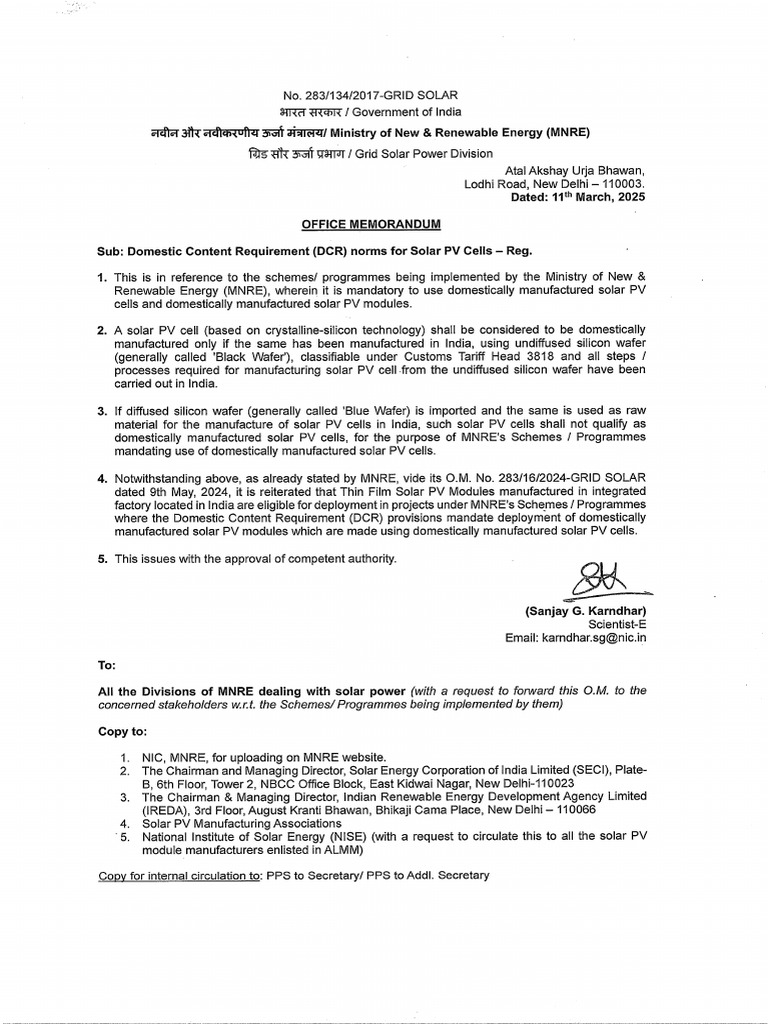 Domestic Content Requirement (DCR) Norms For Solar PV Cells 11.03.2025 | PDF