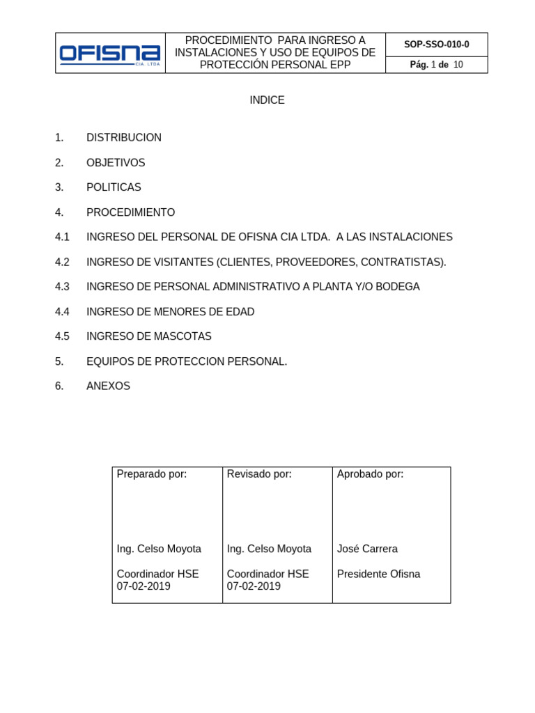 Sop-Sso-010-0 Ingreso A Instalaciones y Epp | PDF | Agencia Central de Inteligencia | Guante