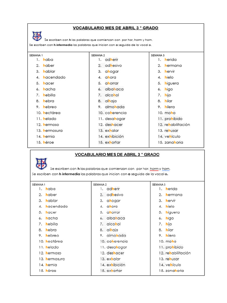 _ VOCABULARIO ABRIL CUARTO | PDF