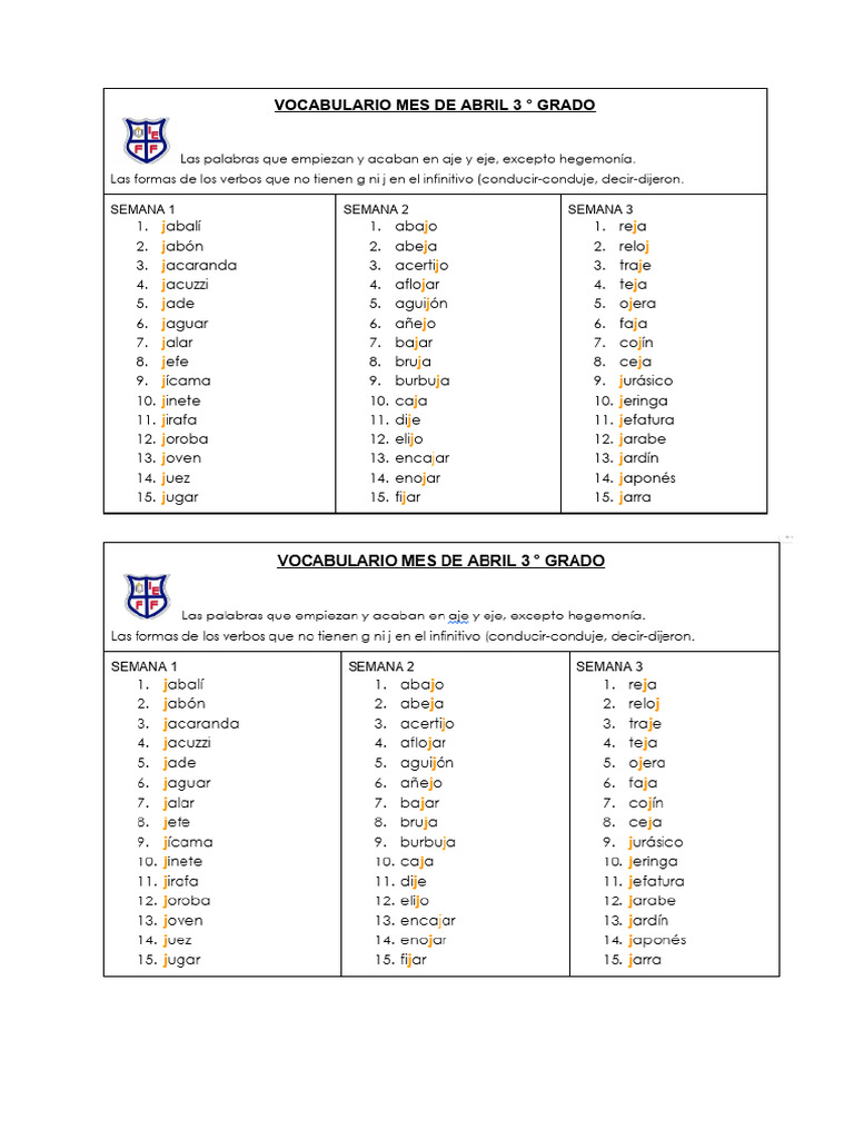 Vocabulario de Abril para 3° Grado | PDF