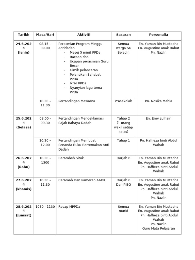 Jadual Minggu PPDa 2024 | PDF