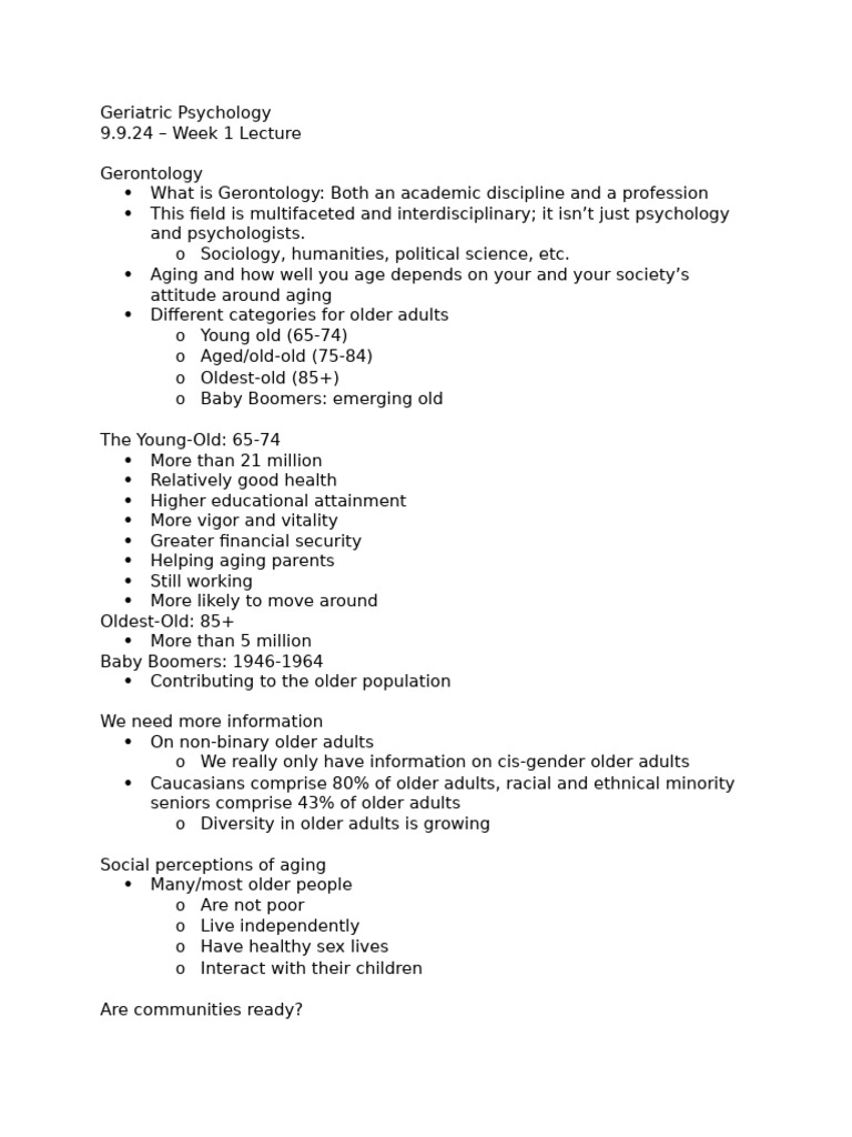 Geriatric Psychology - week 1 notes | PDF