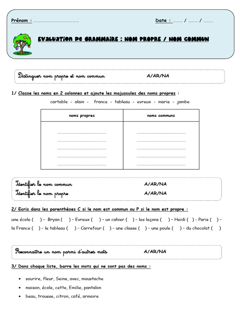 Évaluation Noms Propres et Communs CE1/CE2 | PDF