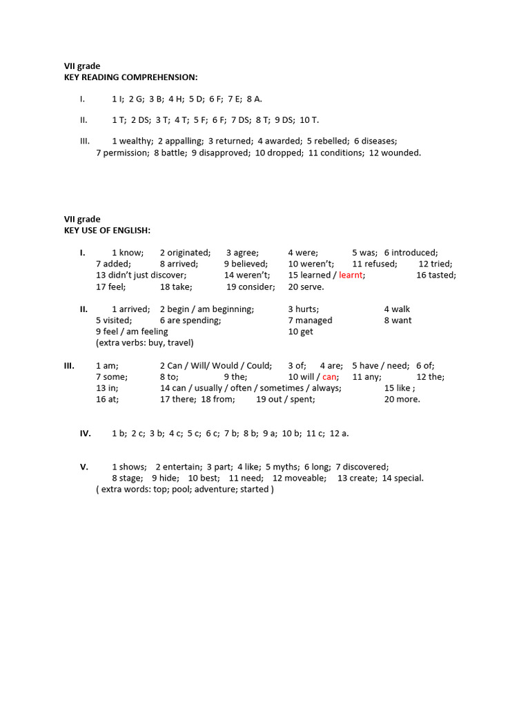Grade 7 English Comprehension Keys | PDF