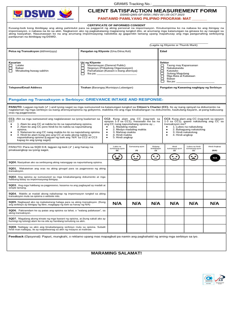 DTI-QMS-GF-005A - REV 00 - Revised CSM Questionnaire - Filipino | PDF