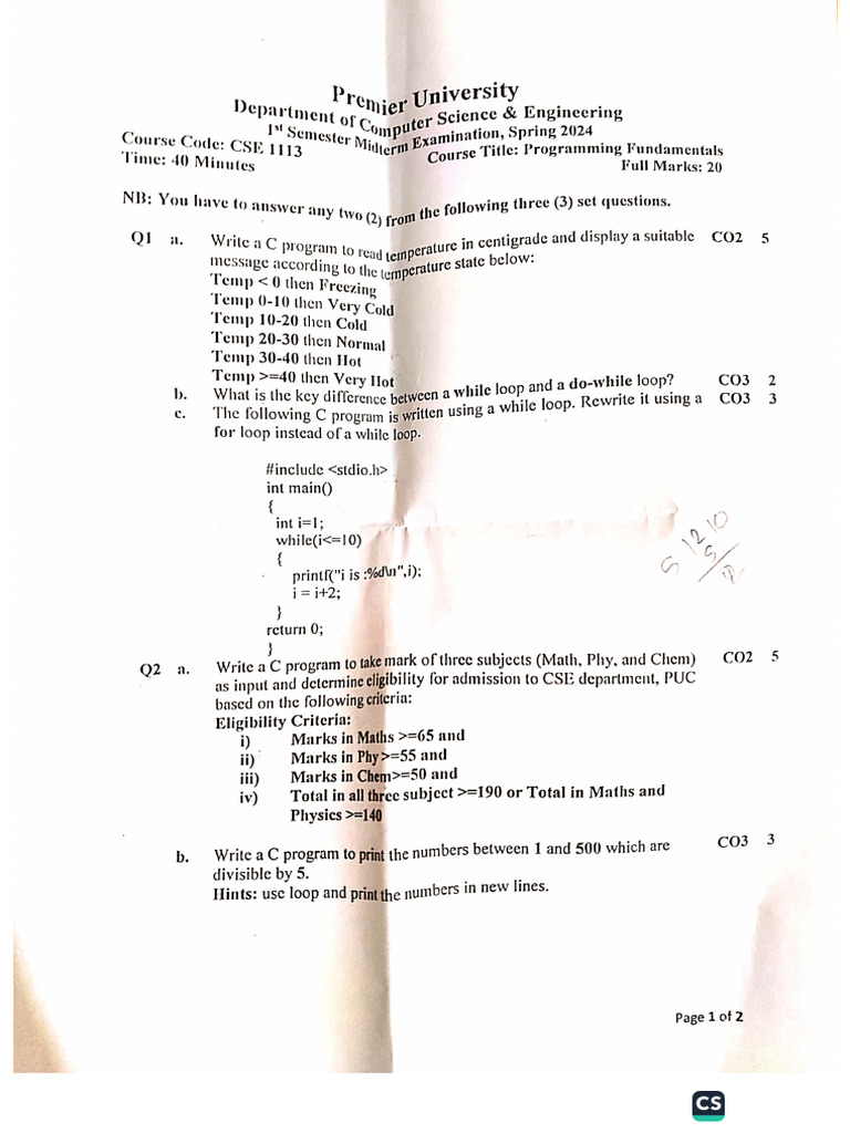 1st Sem-Mid TermQuestion Papers-CSE 45th | PDF