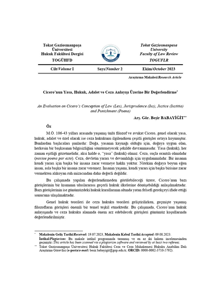 Cicero Nun Yasa, Hukuk, Adalet Ve Ceza Anlay Zerine Bir de Erlendirme ...