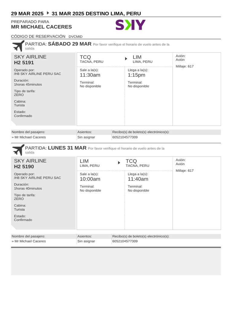 Reserva de Viaje Marzo 29 para MR MICHAEL CACERES | PDF