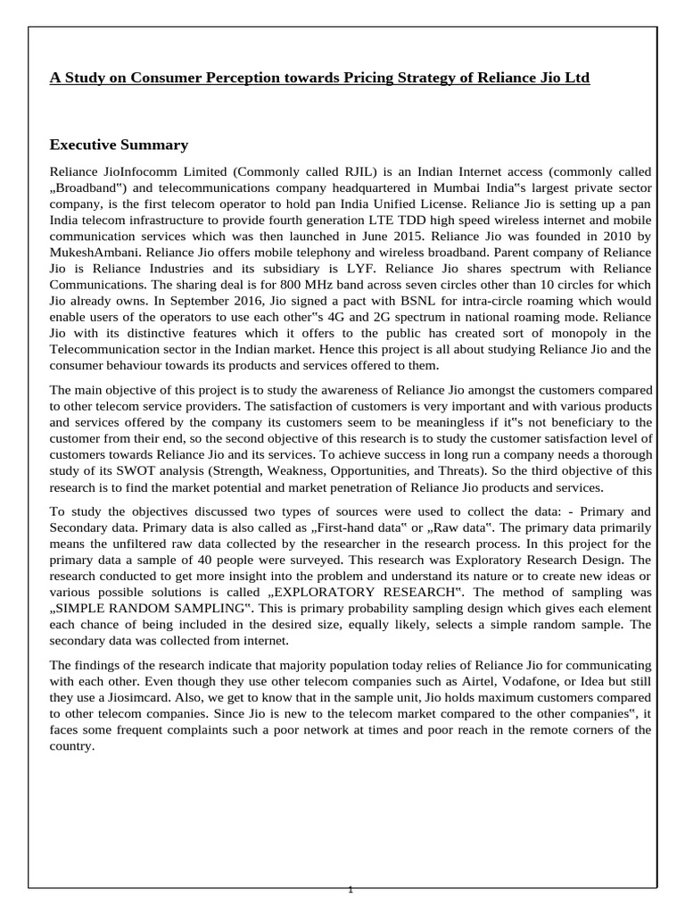 Study On Consumer Behaviour Towards Reliance Jio | PDF | Telecommunications | Information And ...