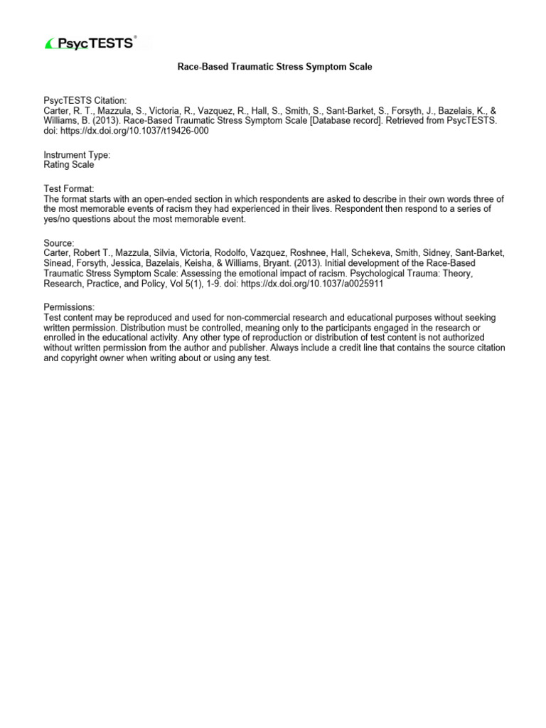 Race-Based Traumatic Stress Symptom Scale | PDF | Psychological Trauma | Feeling