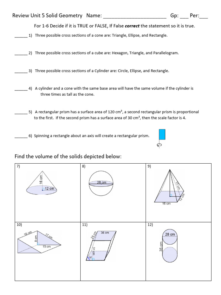 Review For Unit 5 Solid Geometry | PDF | Area | Rectangle