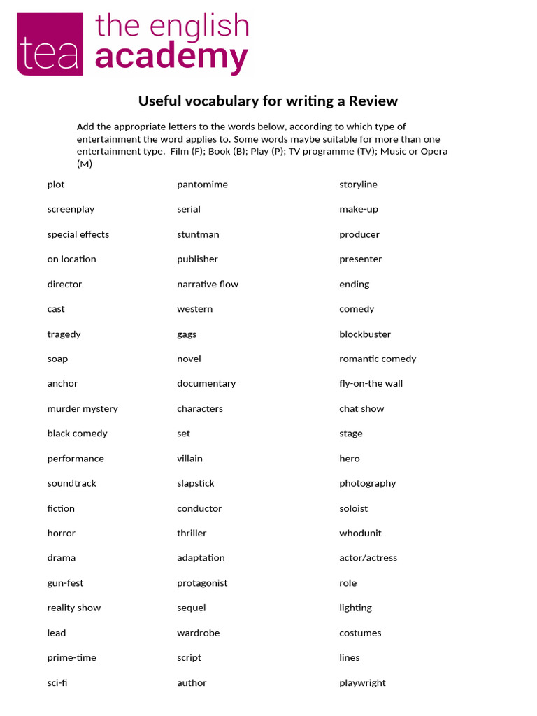 CAE - Writing - Useful Vocabulary For Reviews | PDF | Entertainment