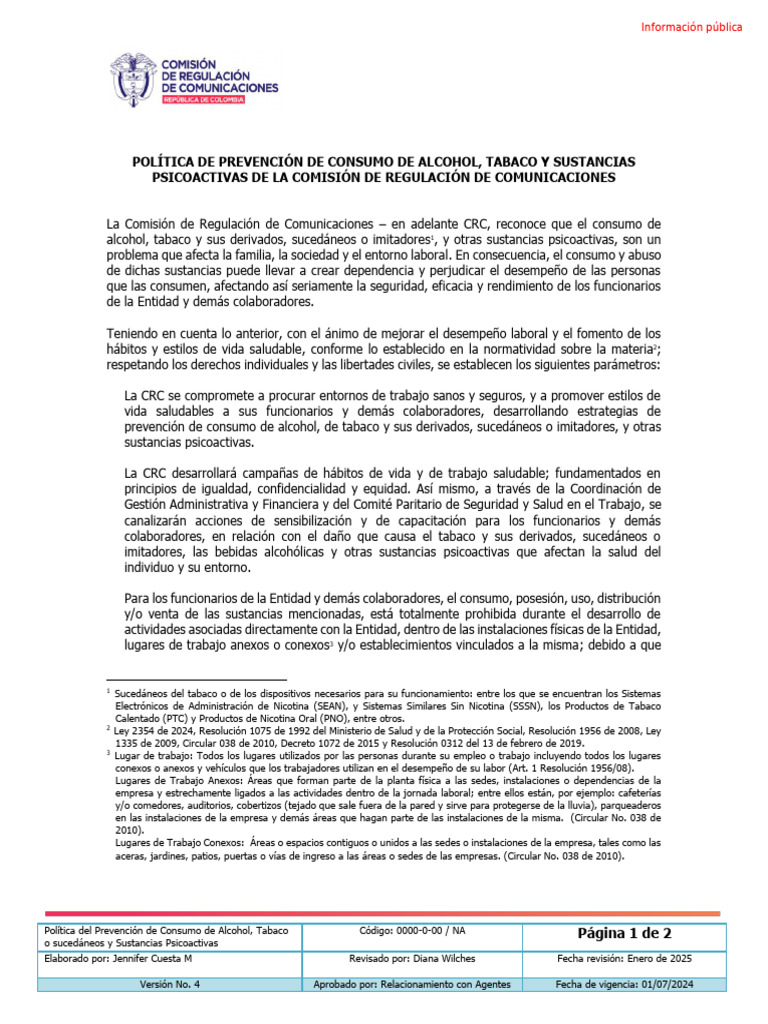Política Prevencion Consumo Alcohol Tabaco y Drogas 2025 VF | PDF | Drogas Psicoactivas