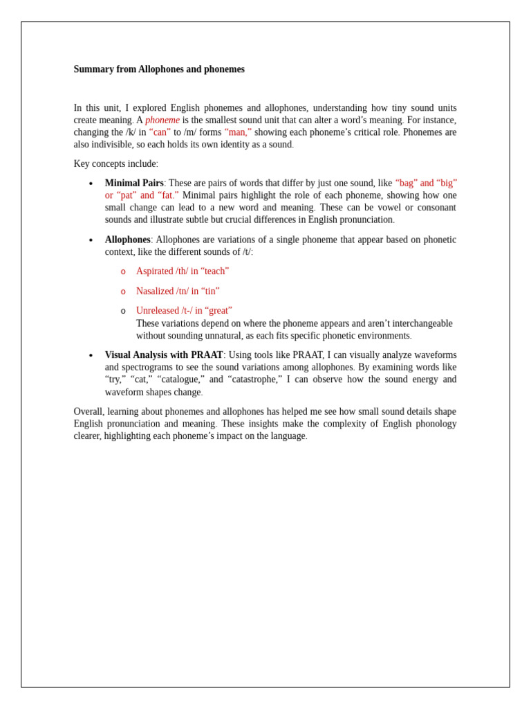 Summary From Allophones and Phonemes | PDF