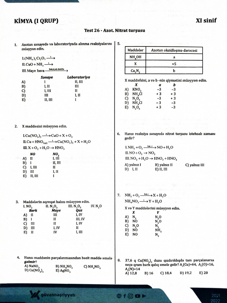 1-ci qrup. Quiz 26. Azot, nitrat turşusu. | PDF