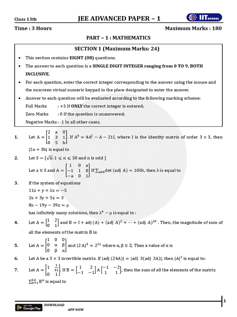 JEE Advanced Paper - 1 (06-10) | PDF | Optics