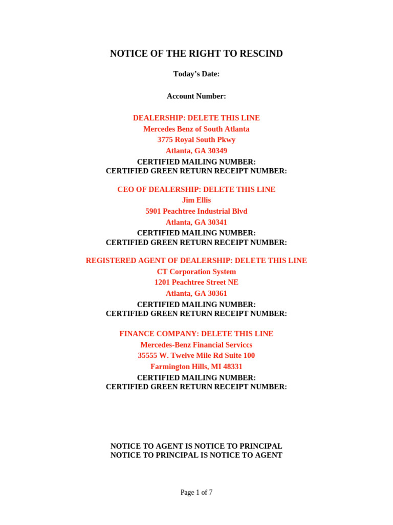 1st Notice of The Right To Rescind Automobile Template | PDF | Common ...