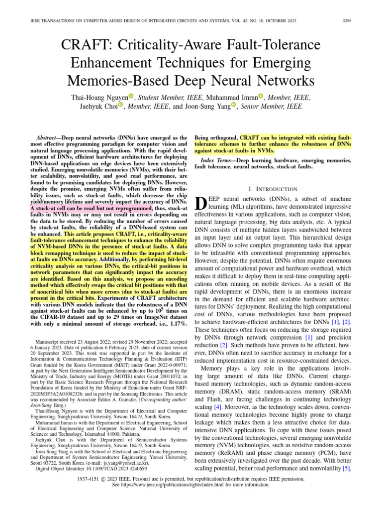CRAFT Criticality-Aware Fault-Tolerance Enhancement Techniques For Emerging Memories-Based Deep ...