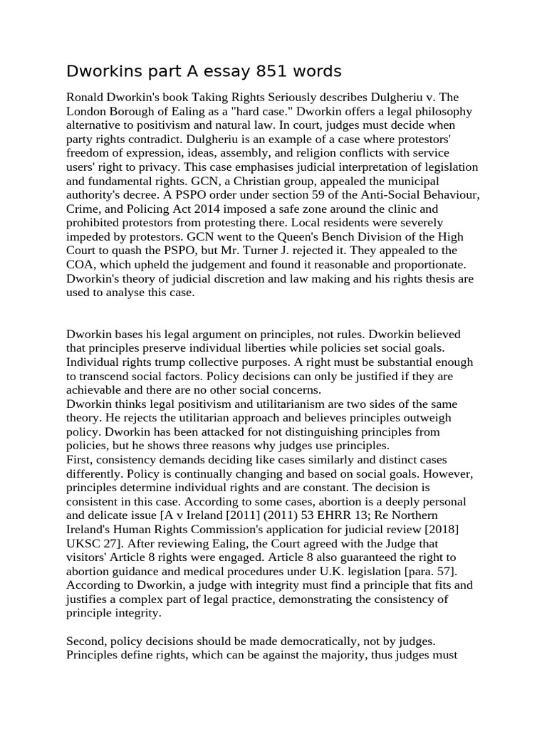 Dworkins Part A Essay 851 Words | PDF | Rights | Autonomy