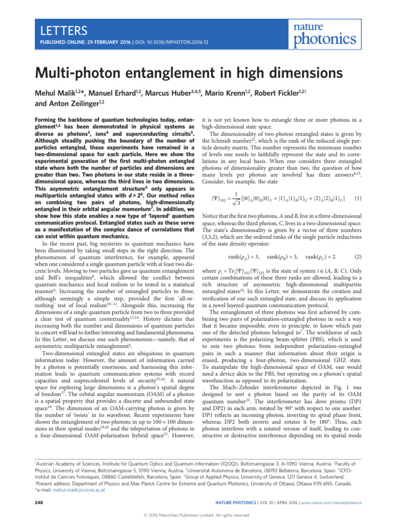 Nphoton2016-Multi-photon Entanglement in High Dimensions | PDF ...