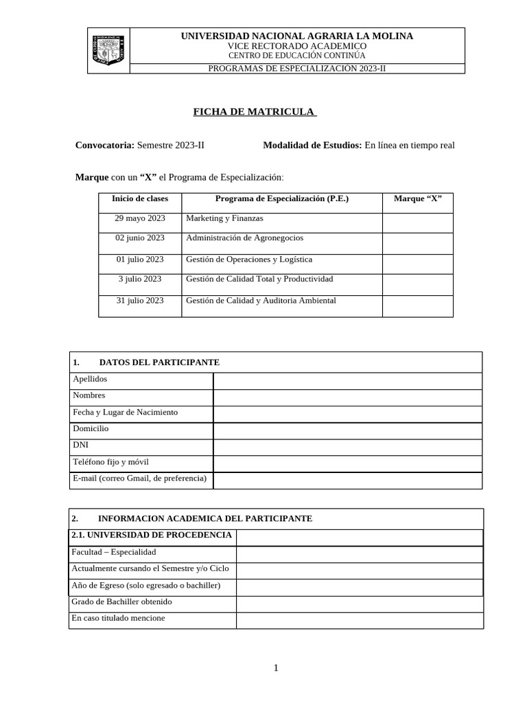 Ficha Inscripcion Cec 2023-II | PDF