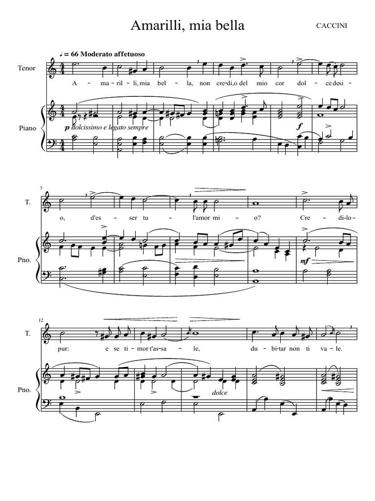 Caccini - Amarilli, Mia Bella - Lam - High Voice | PDF