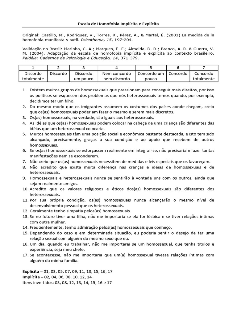 03 Escala de Homofobia Implícita e Explícita | PDF | Homossexualidade | Heterossexualidade