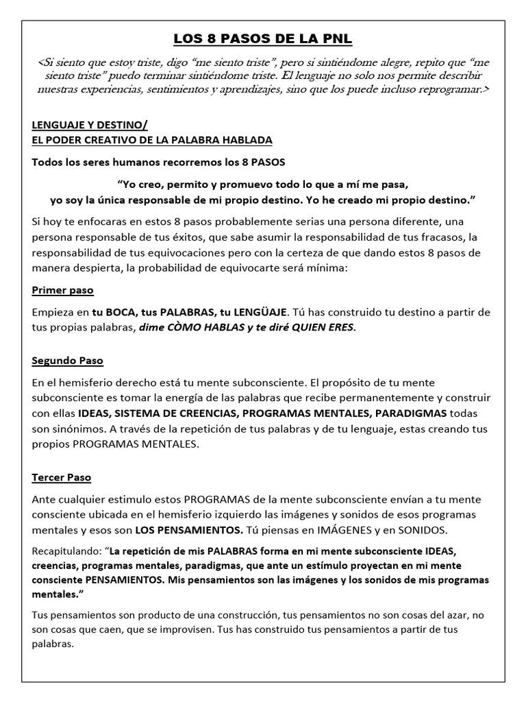 Los 8 Pasos de La PNL | PDF | Mente | Comportamiento