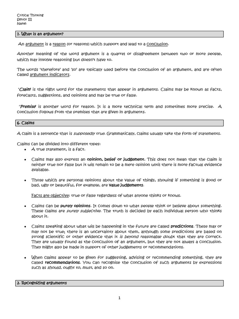 Critical Thinking Activity #1 Theory | PDF | Argument | Reason